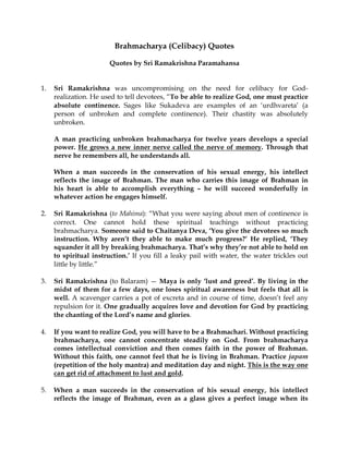 Brahmacharya (Celibacy) Quotes (Sri R Paramahansa) | PDF