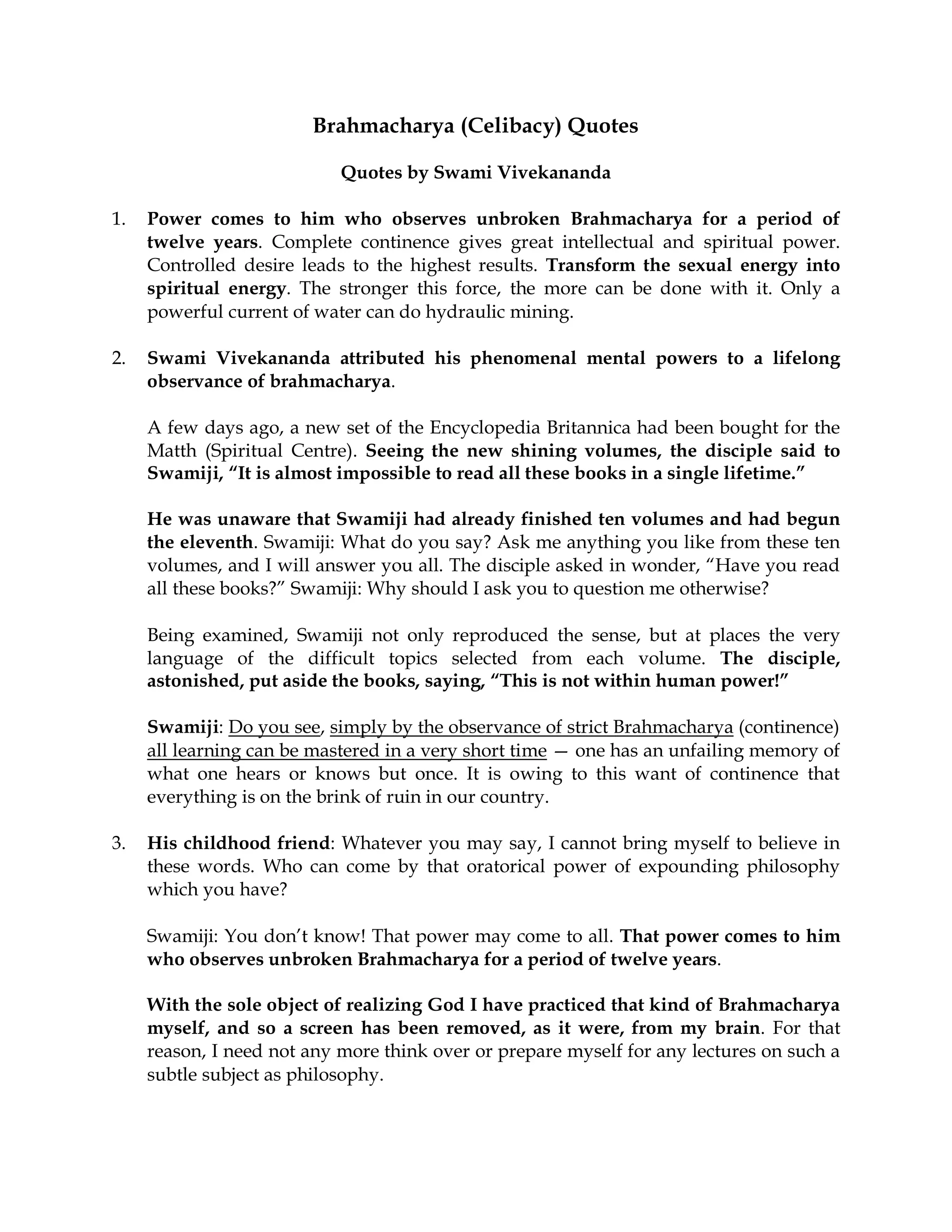 Brahmacharya (Celibacy) Quotes (S Vivekananda) | PDF