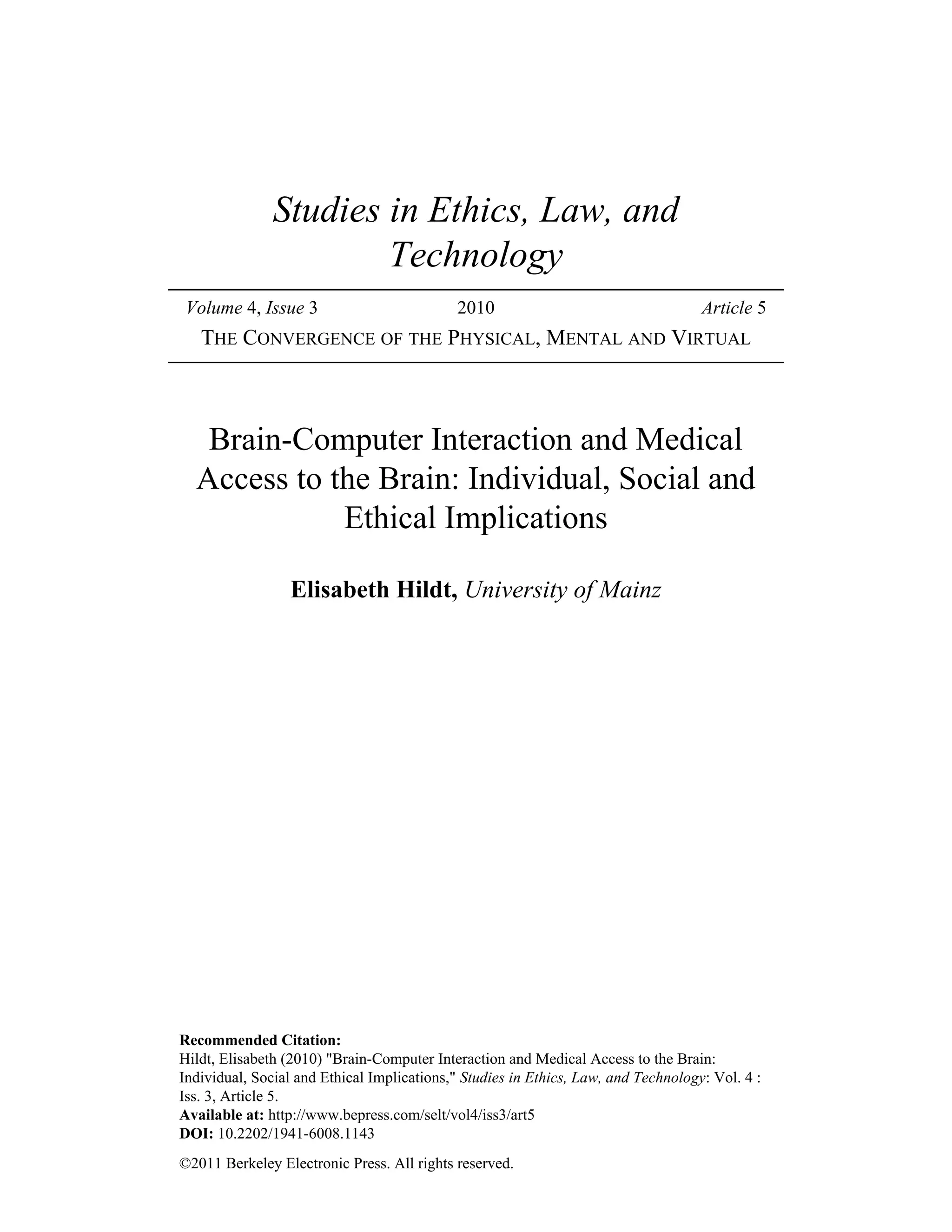 Brain computer interaction and medical access to the brain | PDF