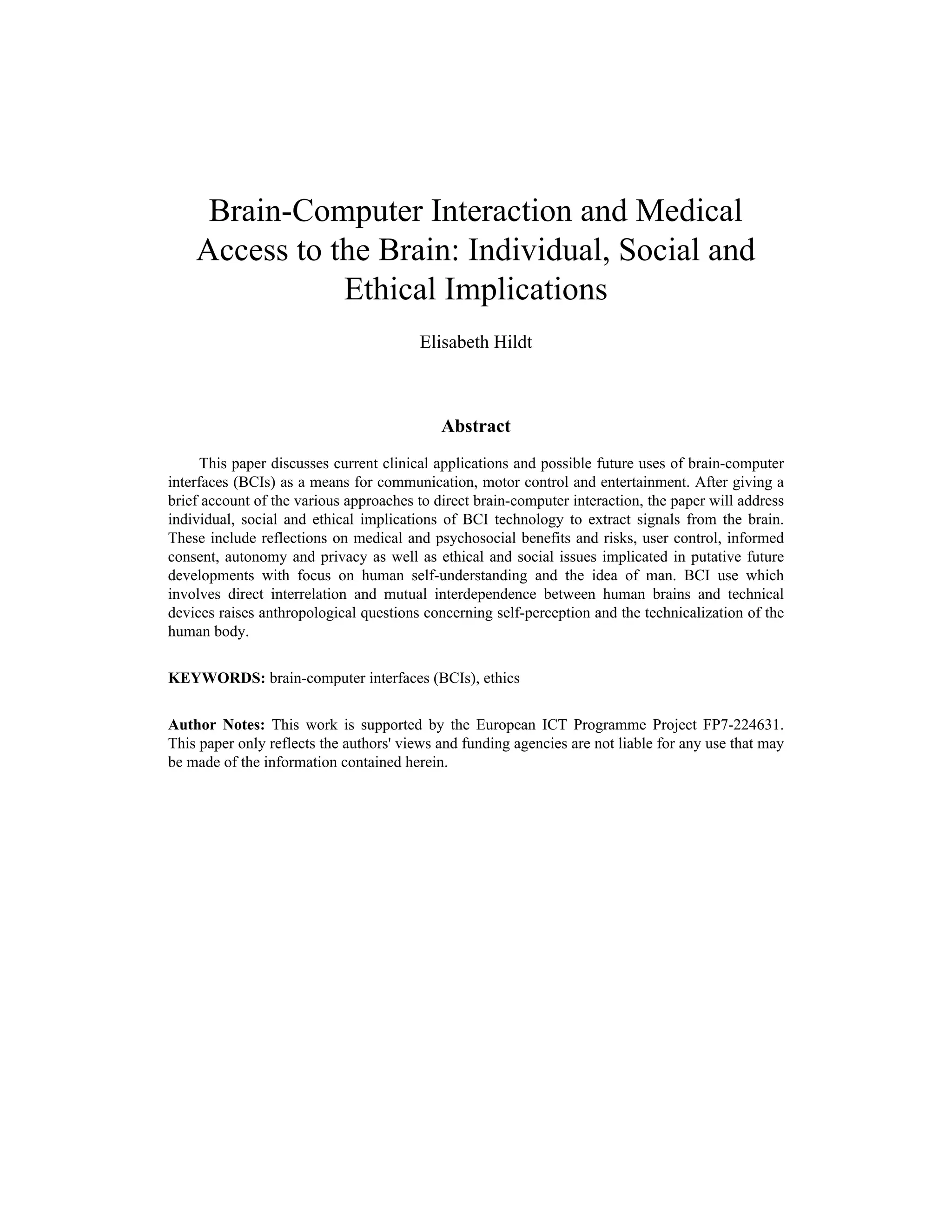 Brain computer interaction and medical access to the brain | PDF