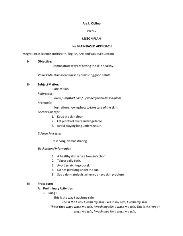 LESSON PLAN for BRAIN BASED | DOCX | Bath and Shower | Personal Care