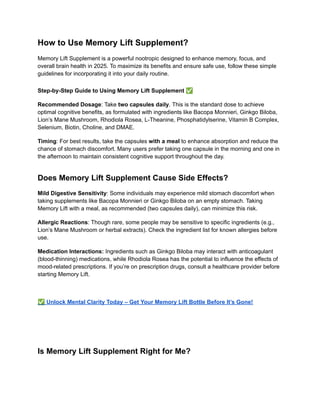 Memory Lift Supplement Reviews 2025: What It Is and How It Works | PDF