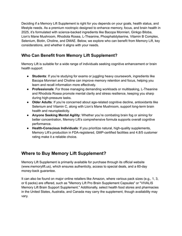 Memory Lift Supplement Reviews 2025: What It Is and How It Works | PDF