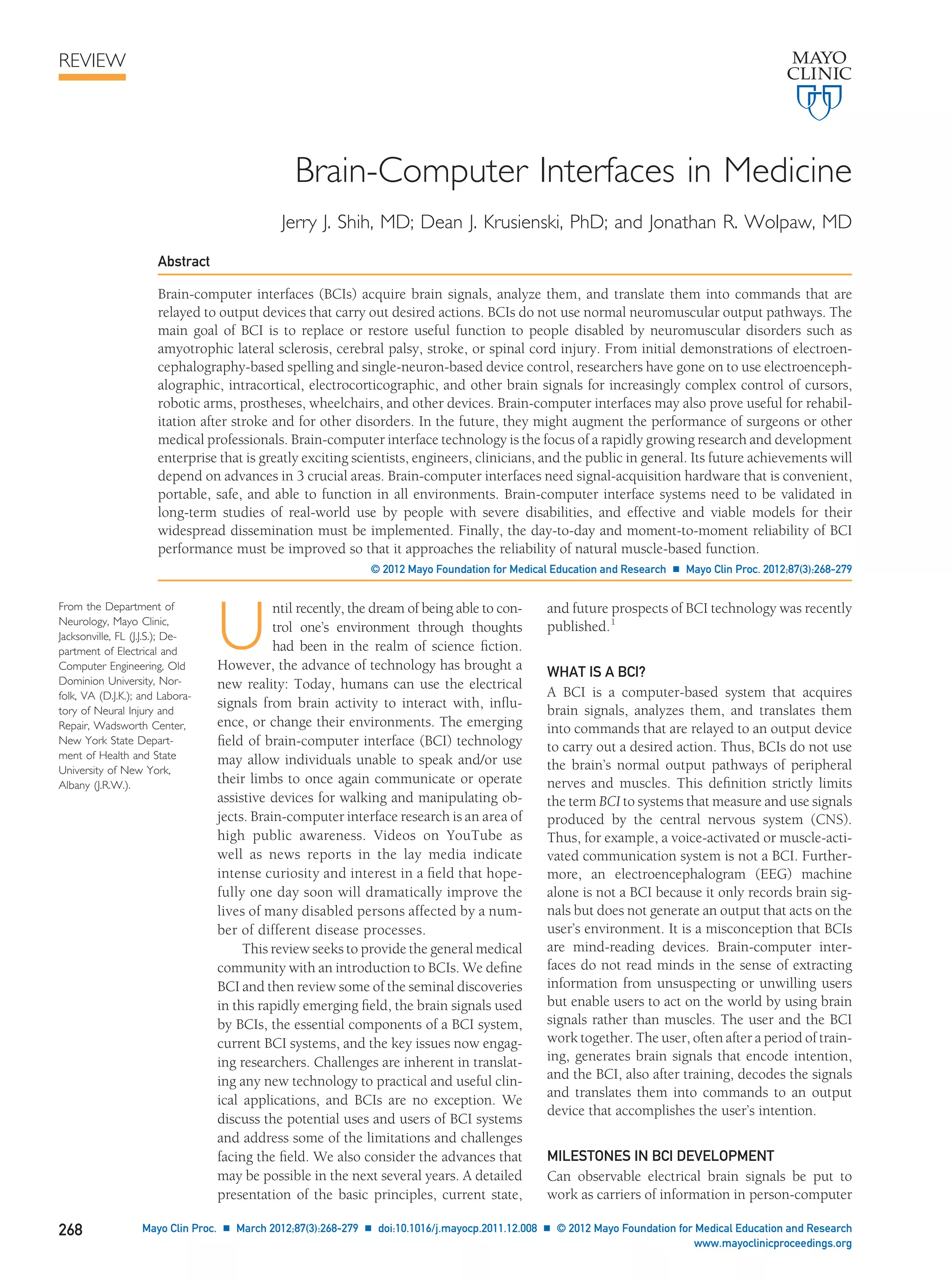 Brain computer interfaces in medicine | PDF | Brain and Nervous System ...