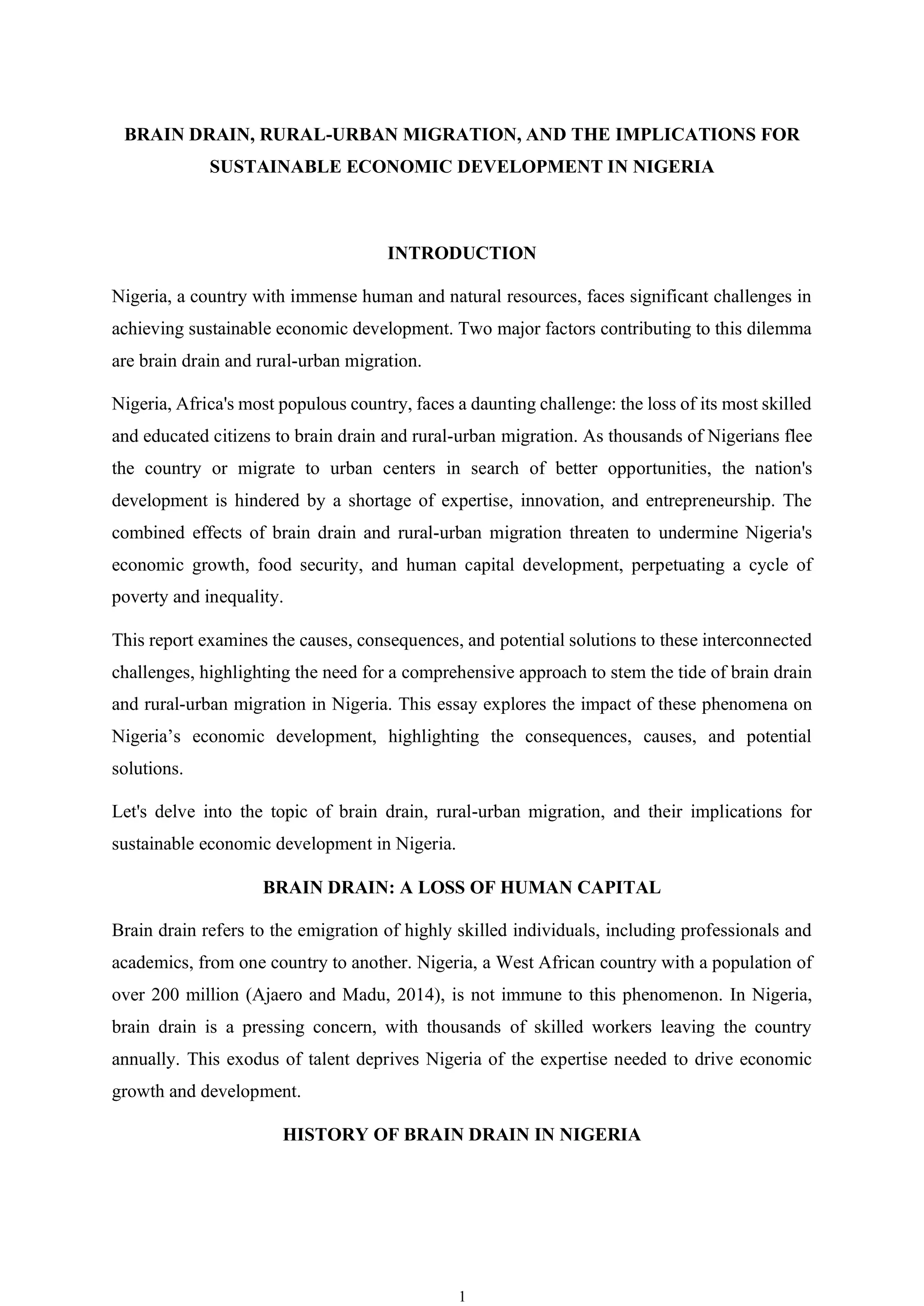 BRAIN DRAIN, RURAL-URBAN MIGRATION, AND THE IMPLICATIONS FOR SUSTAINABLE ECONOMIC DEVELOPMENT IN ...