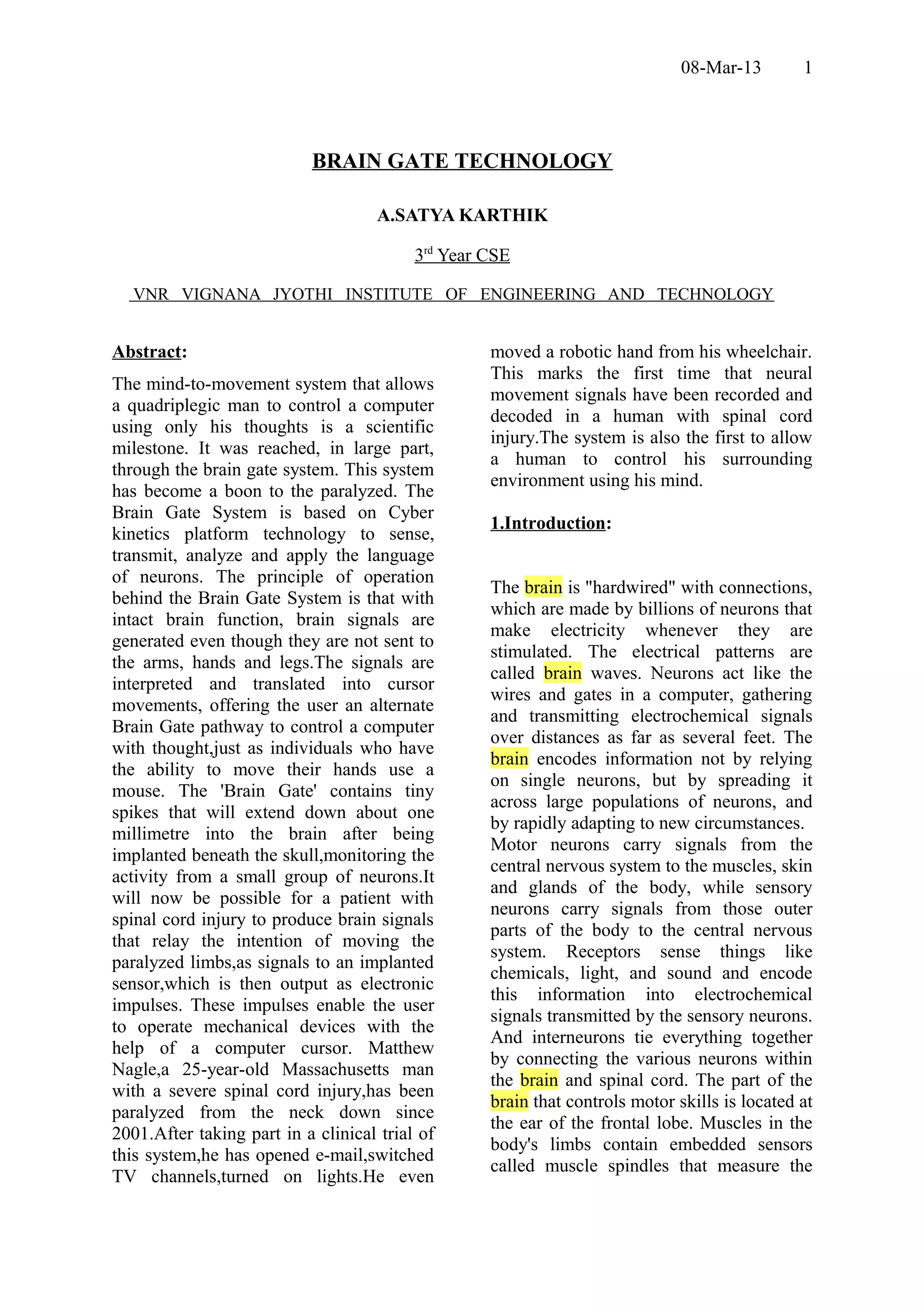 Braingate | DOC | Brain and Nervous System Disorders | Diseases and Conditions