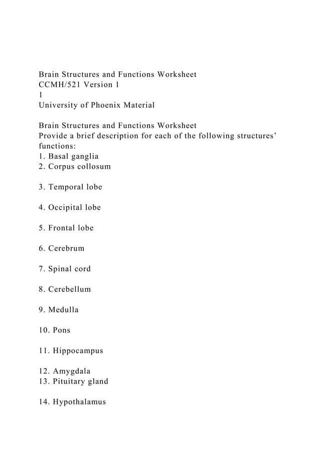 Brain Structures and Functions WorksheetCCMH521 Version 11.docx