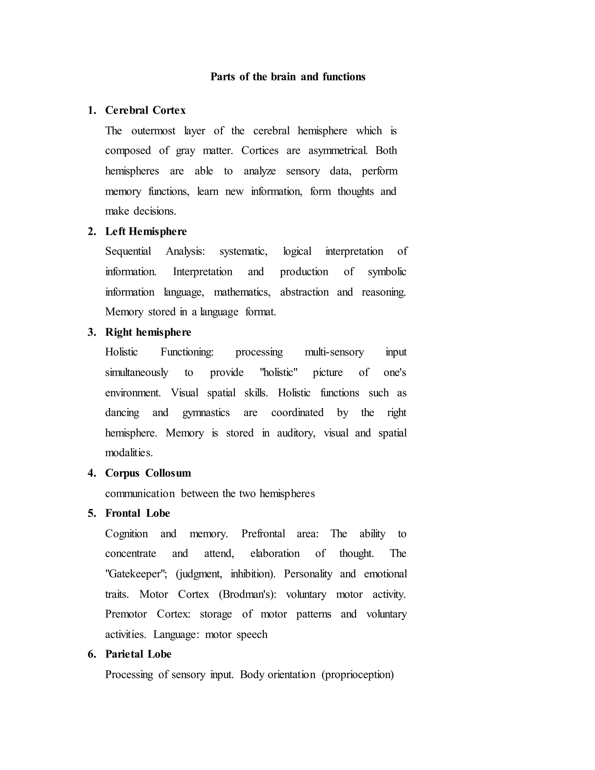 Brain structures and their functions | DOCX | Brain and Nervous System ...