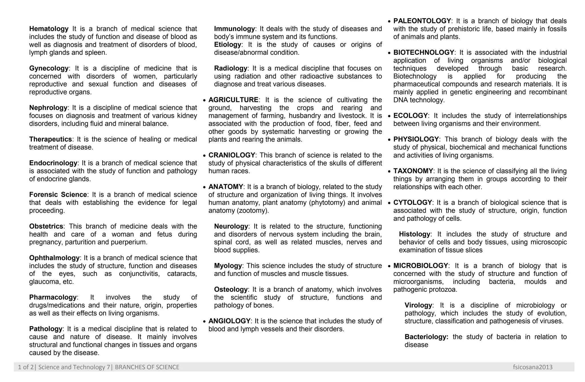 Branches of science handout | PDF | Biological Sciences | Science