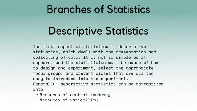 Branches of statistics | PPTX | Educational Assessment | Education