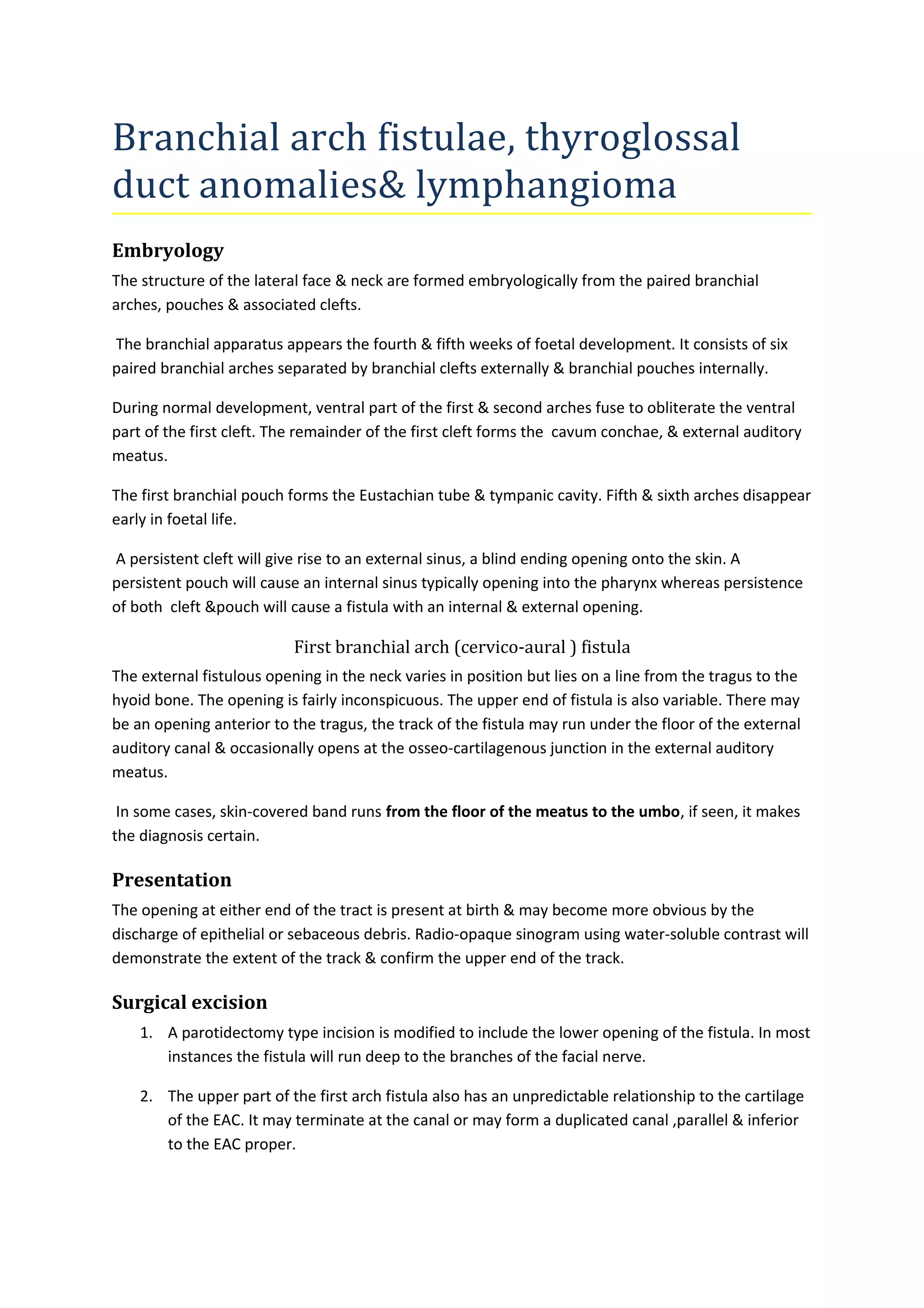 Branchial arch fistulae, thyroglossal duct anomalies& lymphangioma | DOC