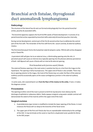Branchial arch fistulae, thyroglossal duct anomalies& lymphangioma | DOC