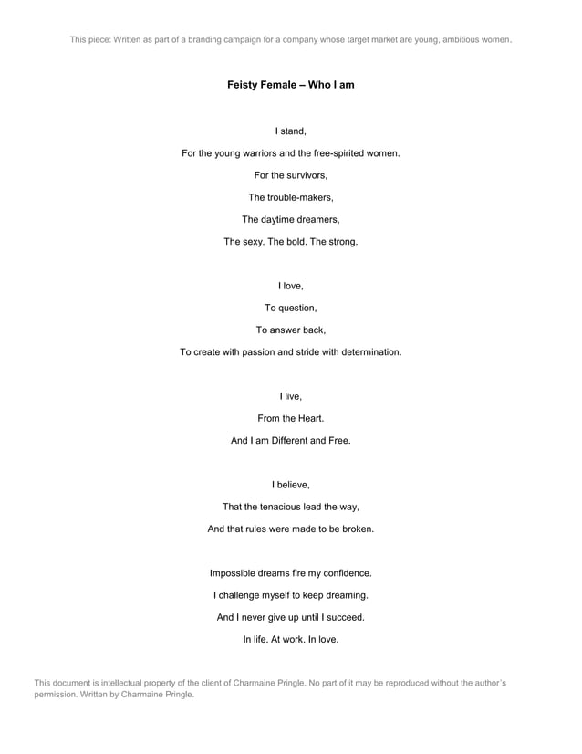 Brand creation poem: Feisty Female | PDF | Business and Finance