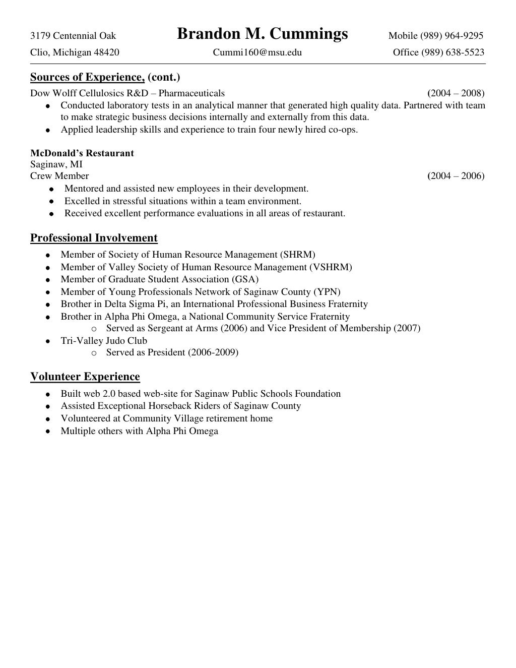 Brandon Cummings Detailed Resume 2010