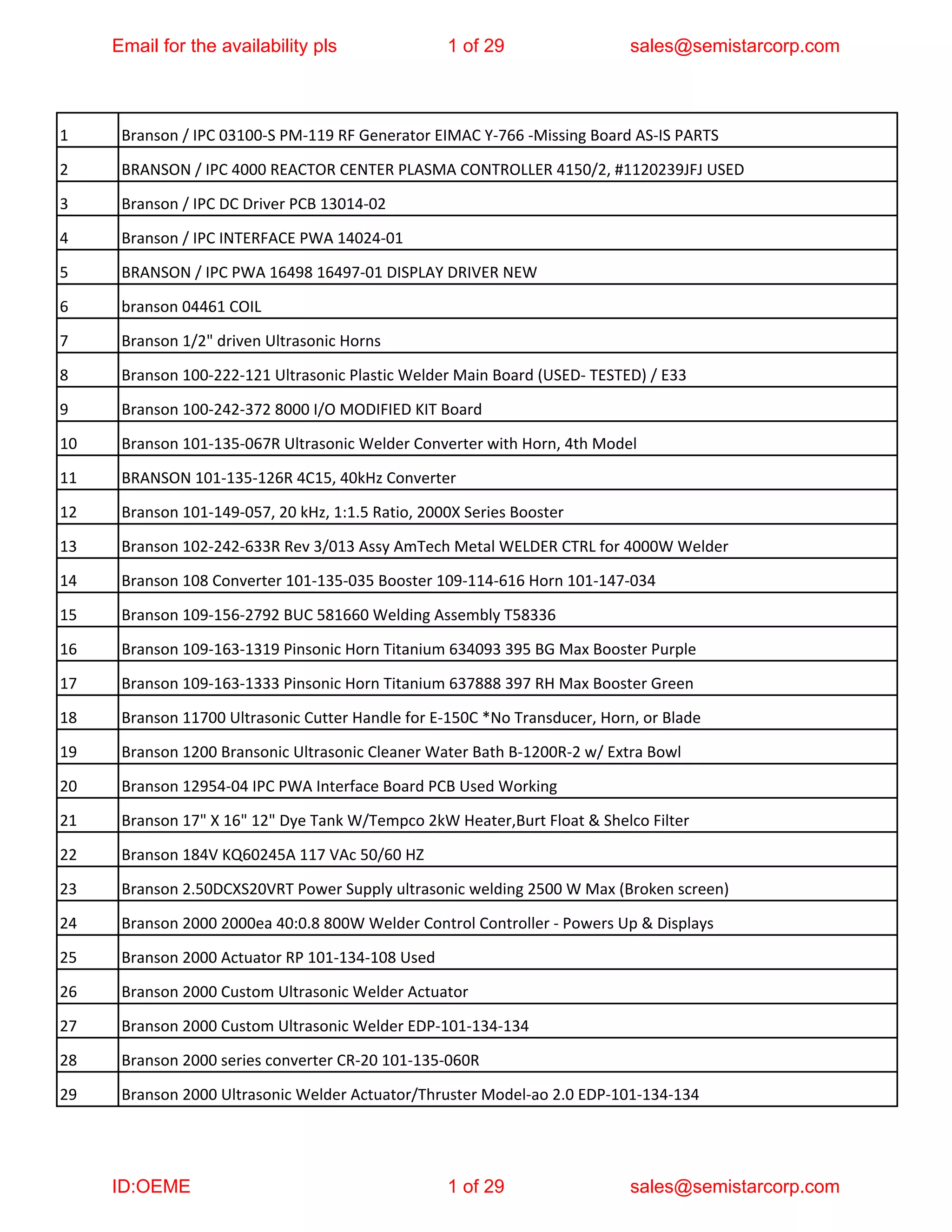 Branson equipment spare parts may 20th 2020 | PDF