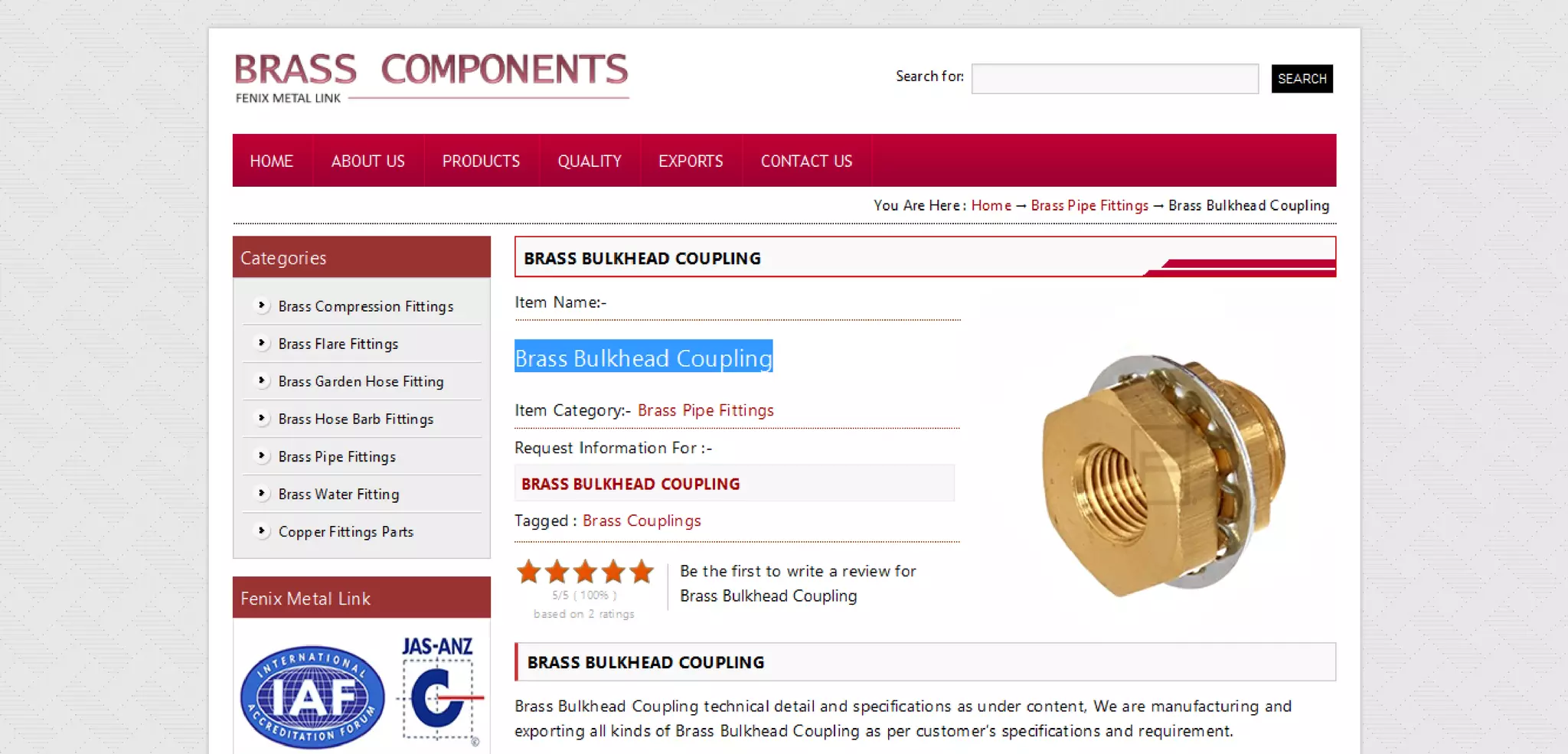 Brass Bulkhead Coupling | Brass Pipe Fittings | PPT