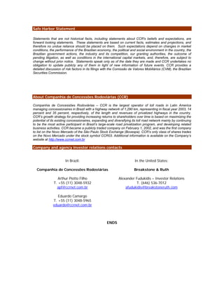 Brazil’s ccr announces agreement to acquire via oeste | PDF