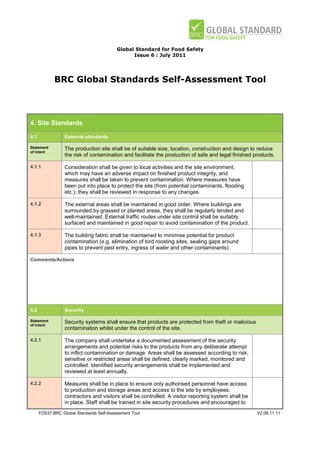 BRC Global Standards Self-Assessment Tool for Food Safety Issue 6. | PDF