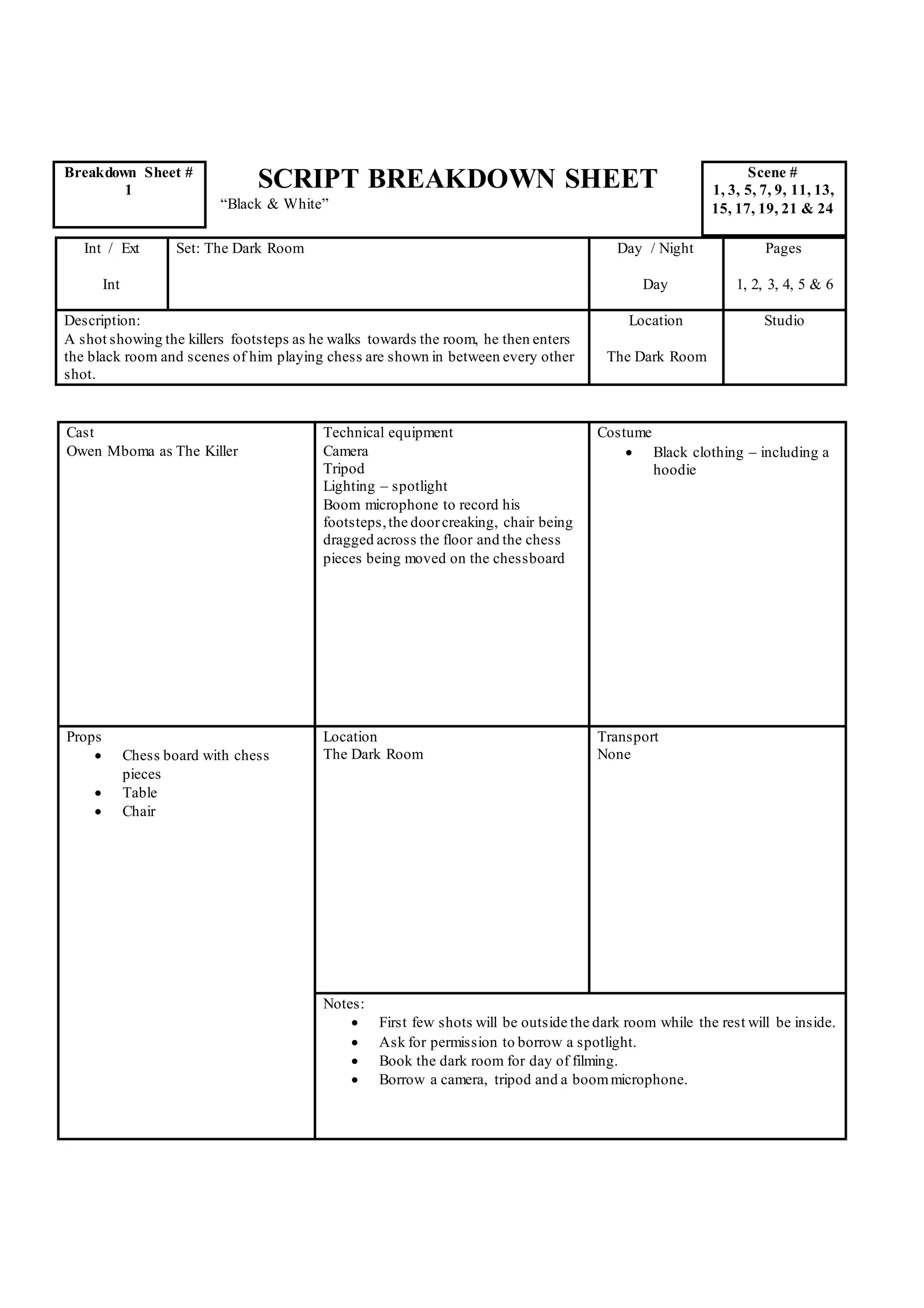 Filming Planning Sheets | DOCX