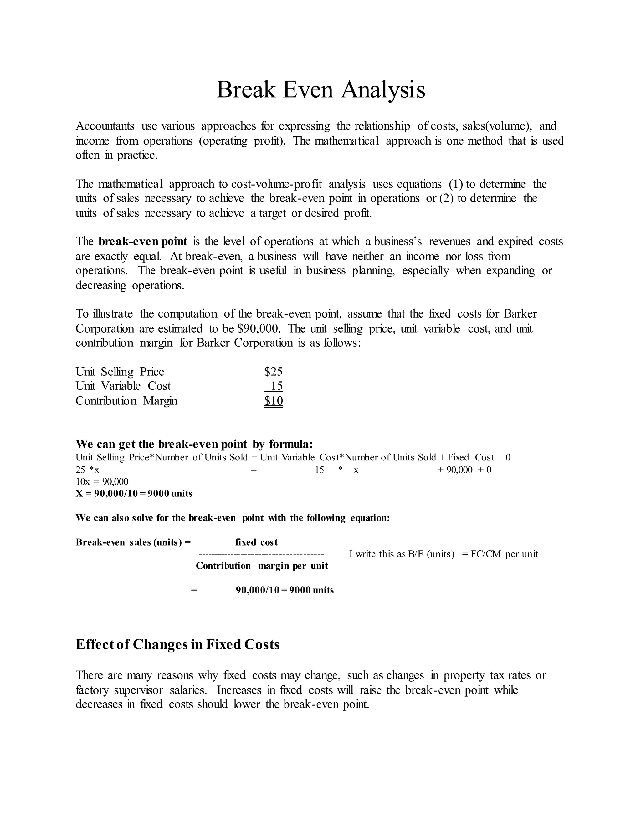 Break Even Analysis | PDF