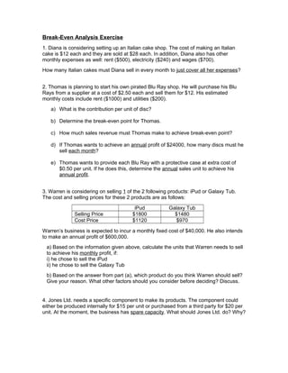 Break-Even Analysis Tutorial Exercise | DOC