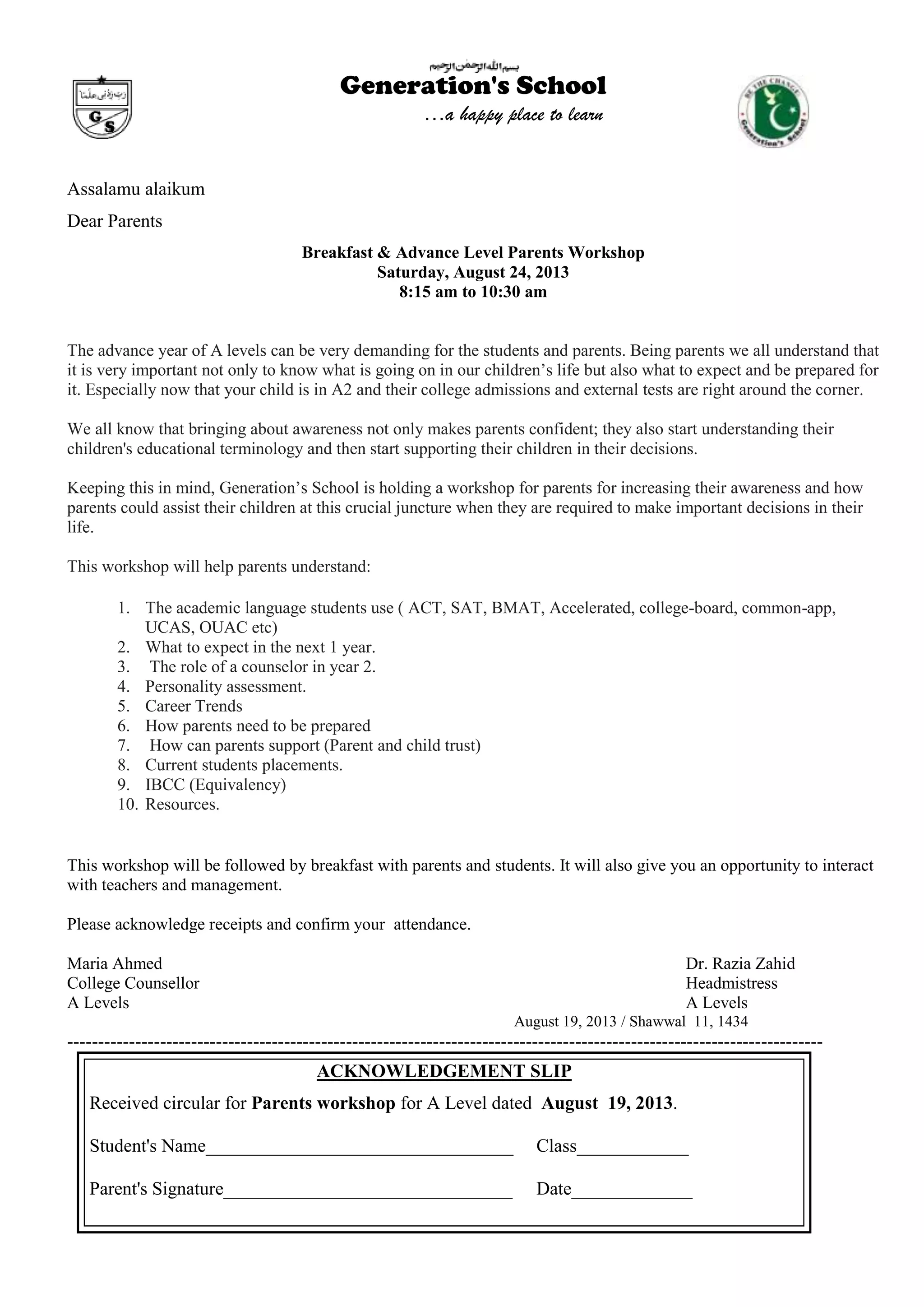 Breakfast & A2 Parent Workshop | DOCX