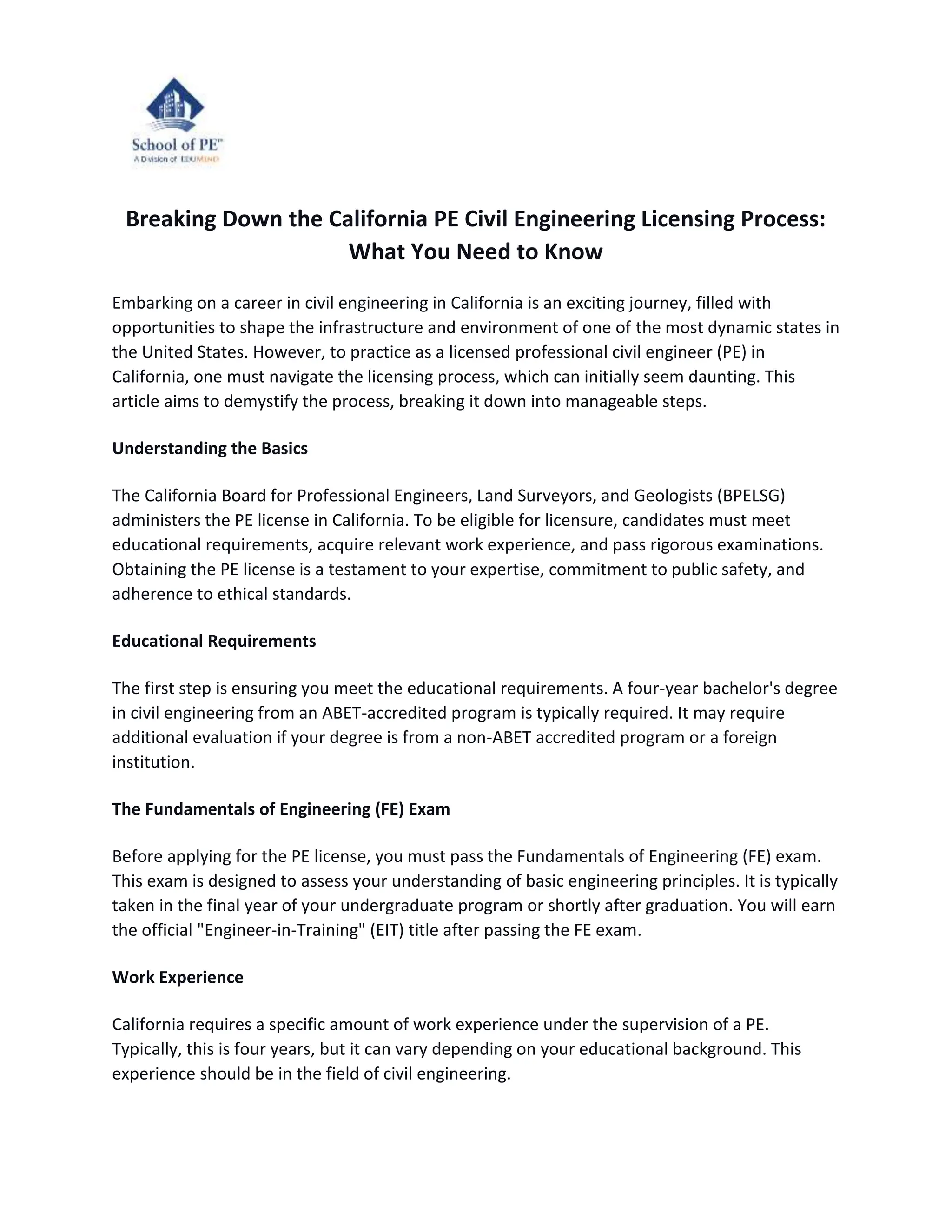 Breaking Down the California PE Civil Engineering Licensing Process ...