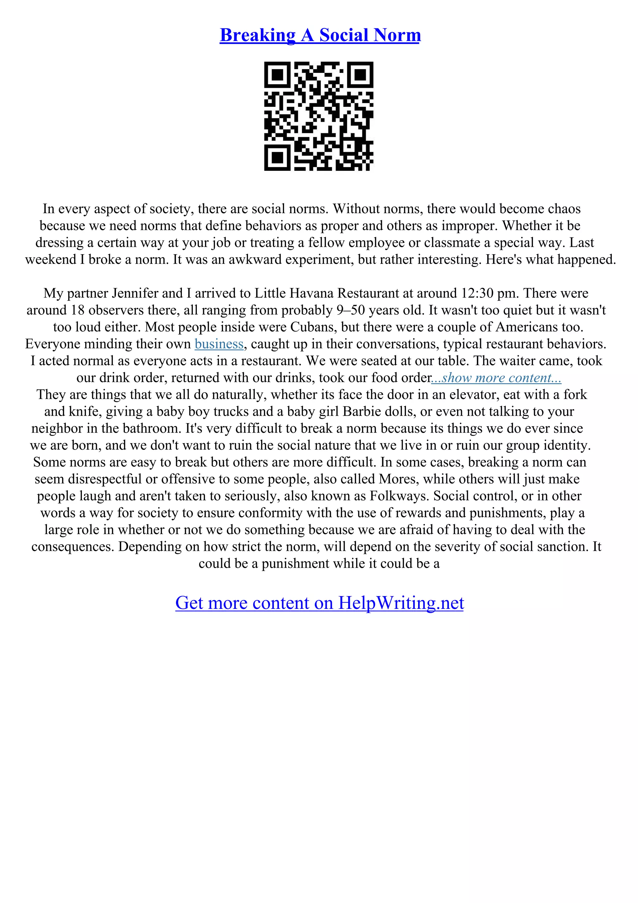 Breaking Social Norms Essay | PDF