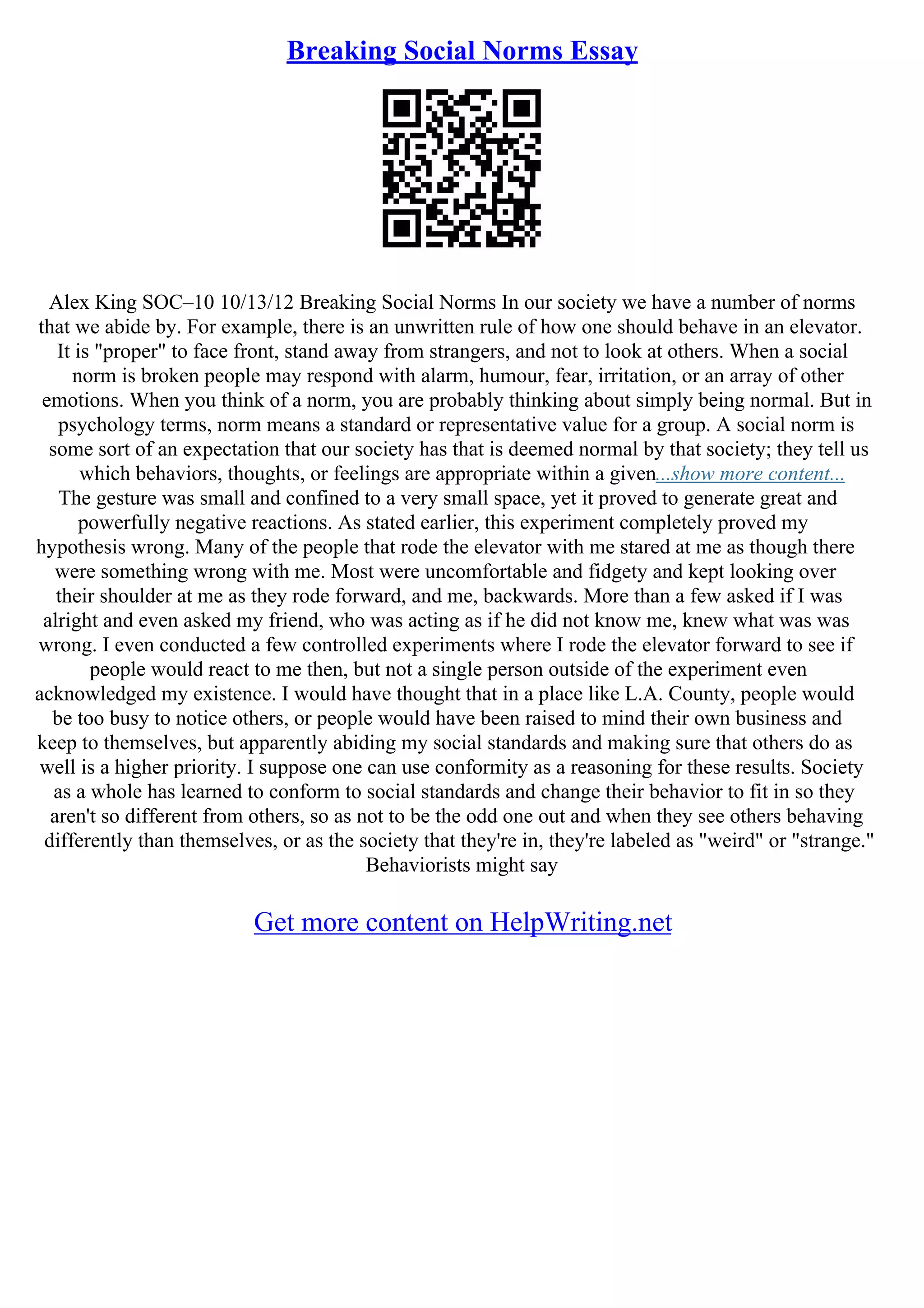 Breaking Social Norms Essay | PDF