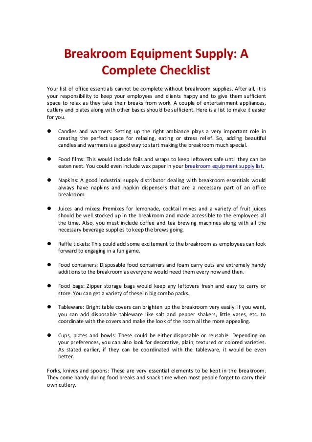 Breakroom equipment supply a complete checklist