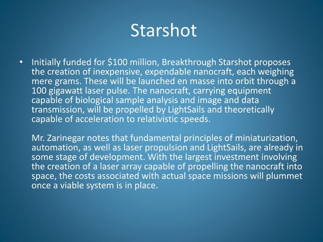 Breakthrough Starshot - A New Nanocraft Approach to Space Exploration | PPTX | Physics | Science