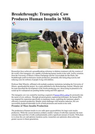 Transgenic Cow Produces Human Insulin in Milk | The Lifesciences ...