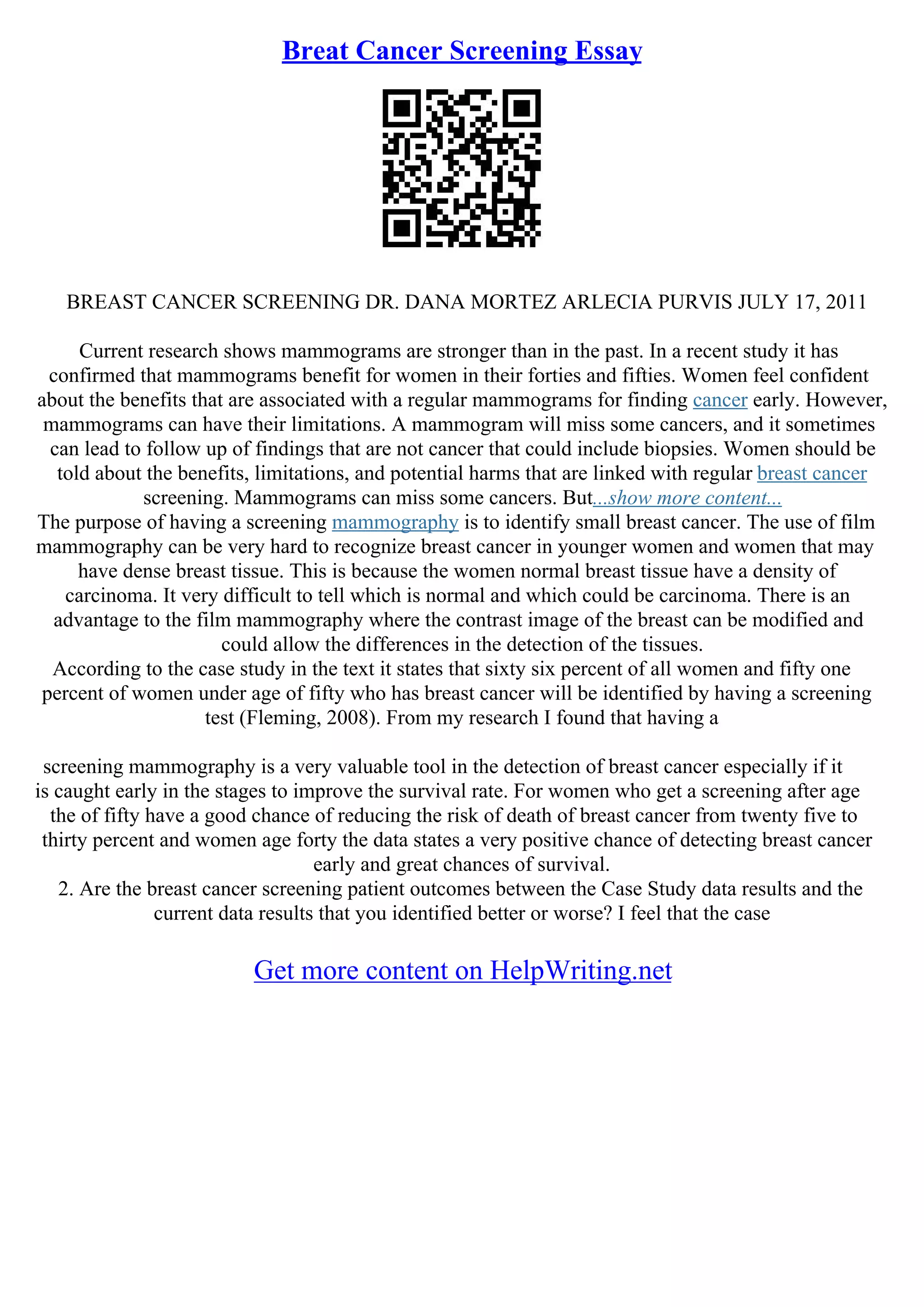 Breast Cancer Essay | PDF