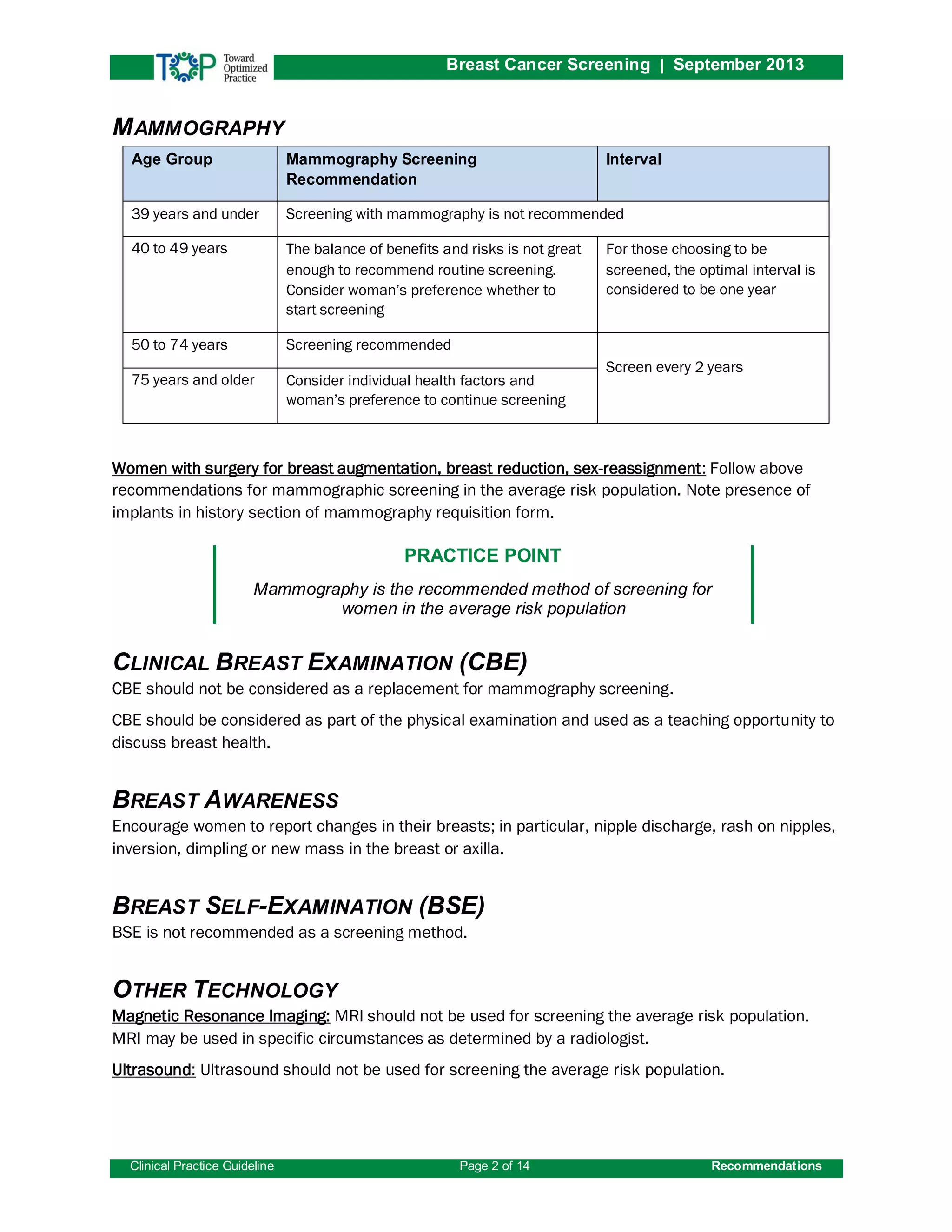 Breast cancer guideline (mamografía) | PDF