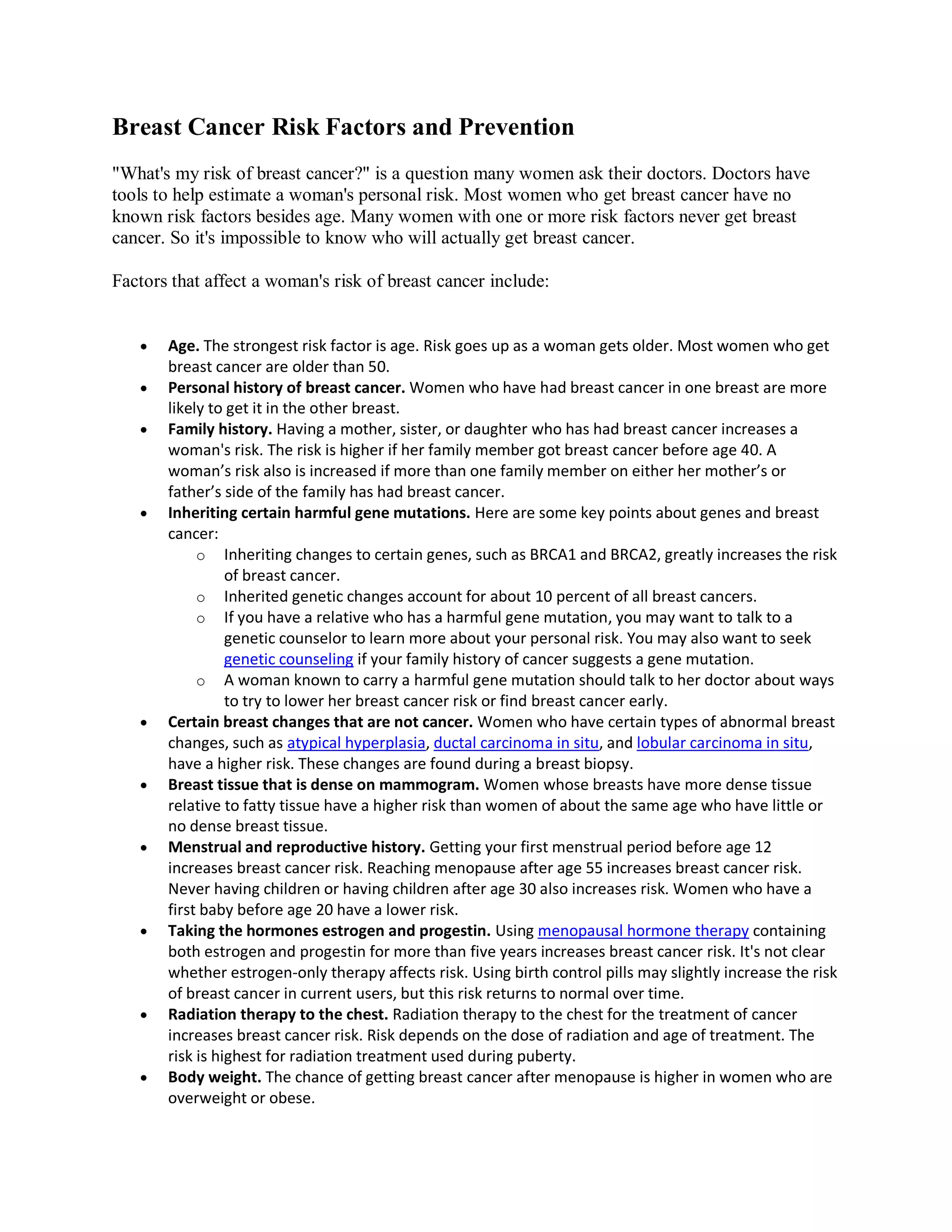 Breast cancer risk factors and prevention | PDF