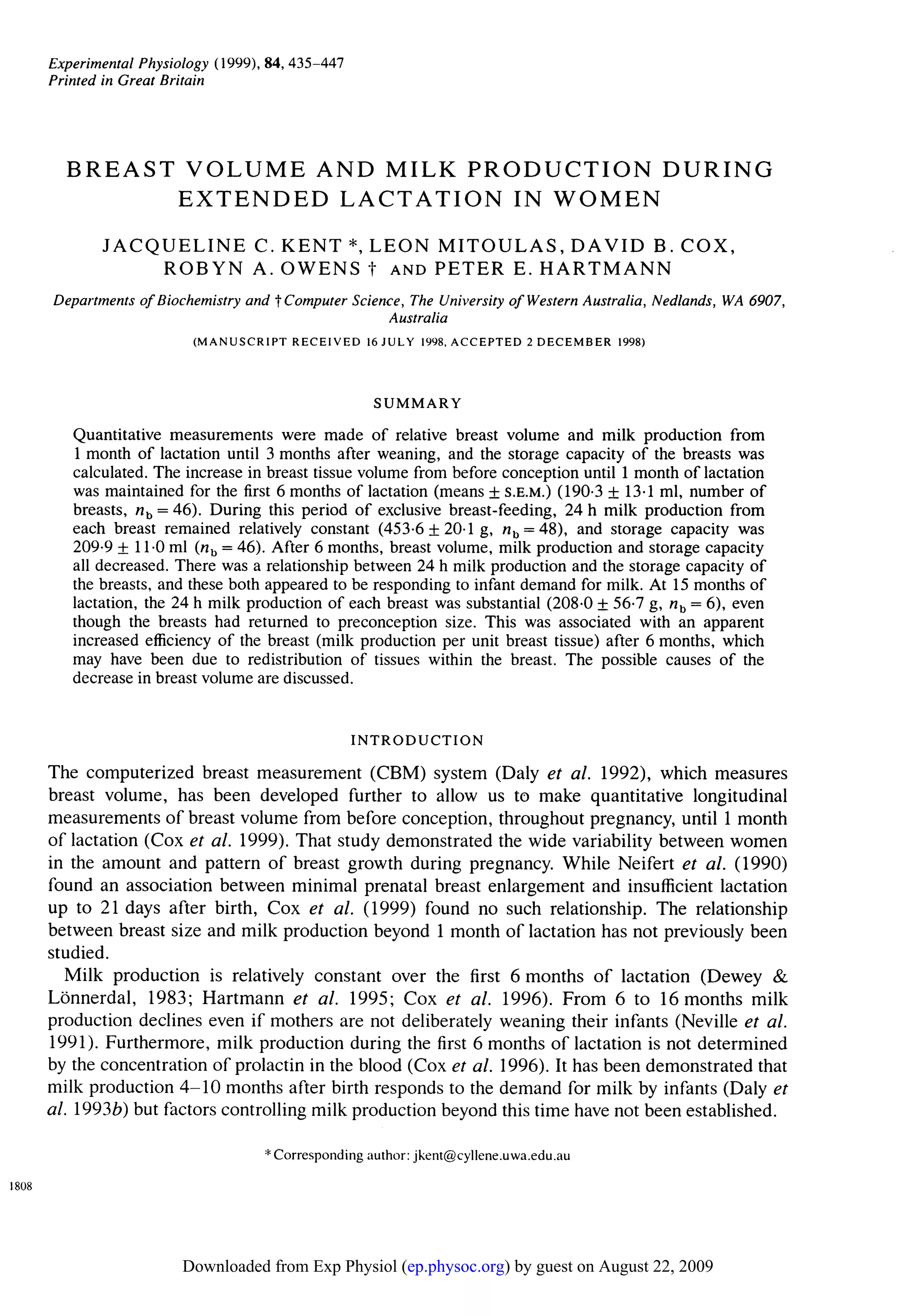 Breast Volume And Milk Production During Extended Lactation In Women | PDF