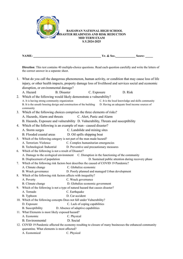 readiness risk reductions questionnaires | DOCX