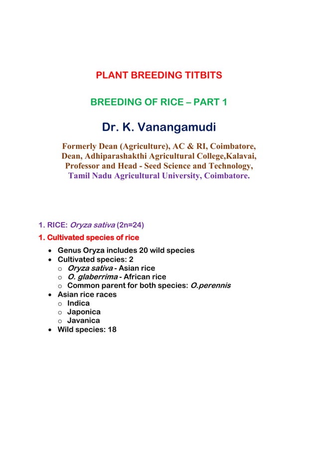 Plant Breeding - Breeding of Rice Part 1.pdf | Gardening | Home & Garden