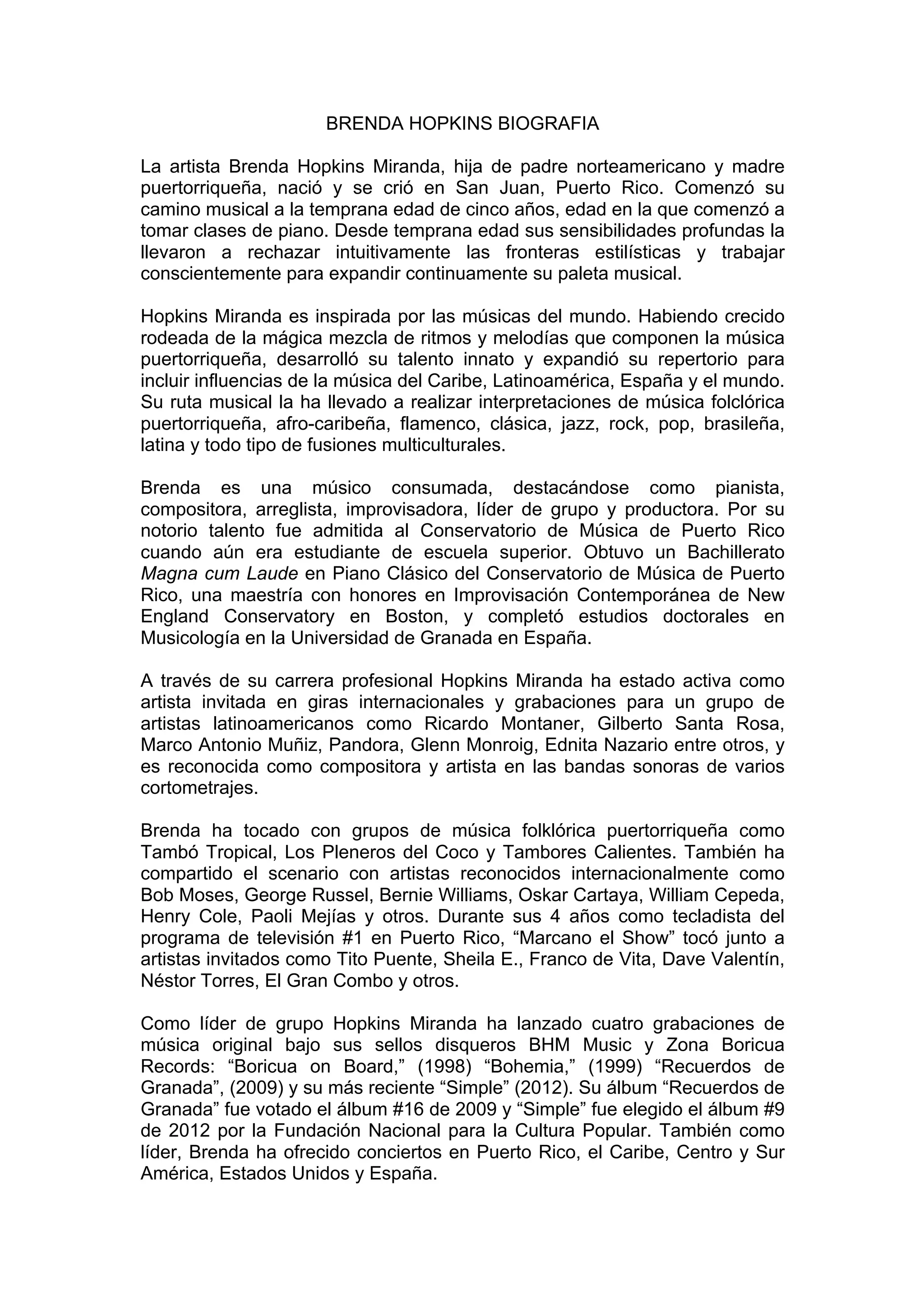Brenda Hopkins Miranda - Biografía (Español) | PDF