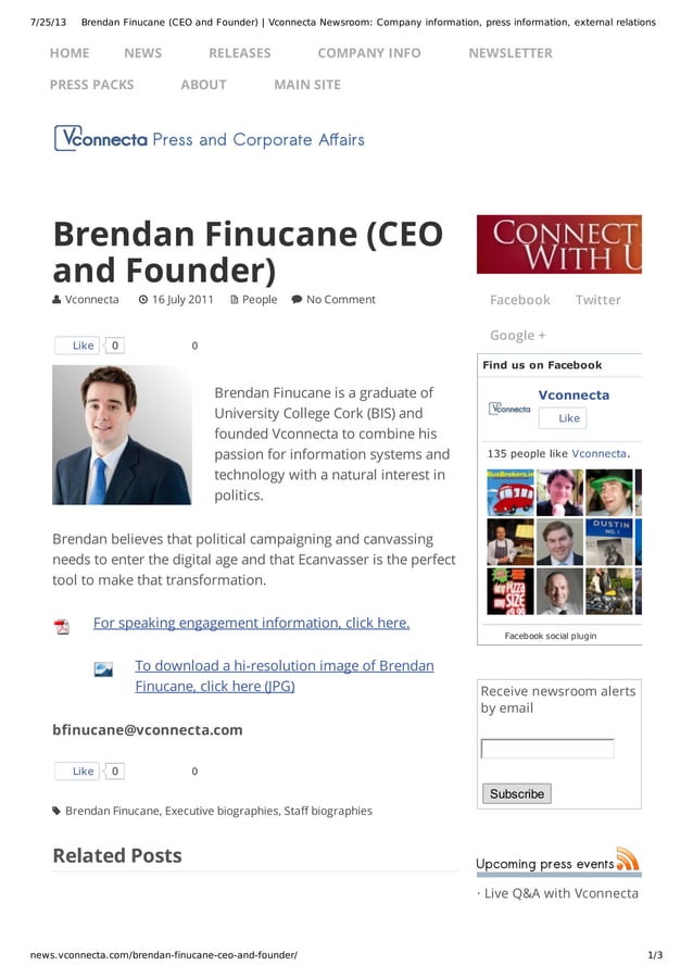 Brendan finucane (ceo and founder) vconnecta newsroom company ...