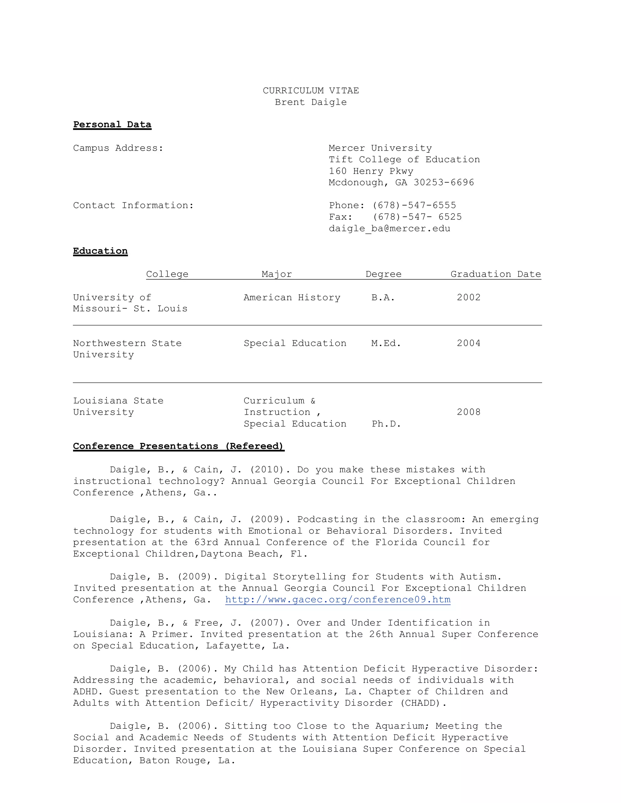 Brent Daigle Curriculum Vitae | PDF