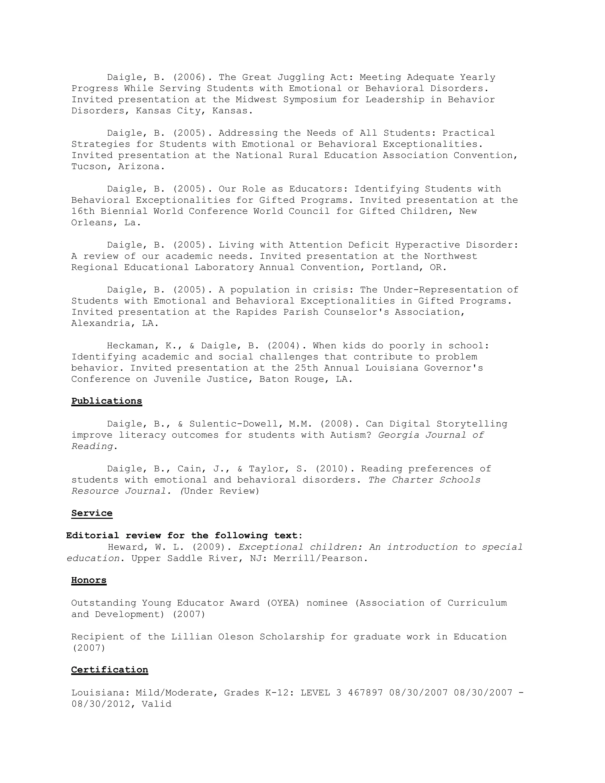 Brent Daigle Curriculum Vitae | PDF