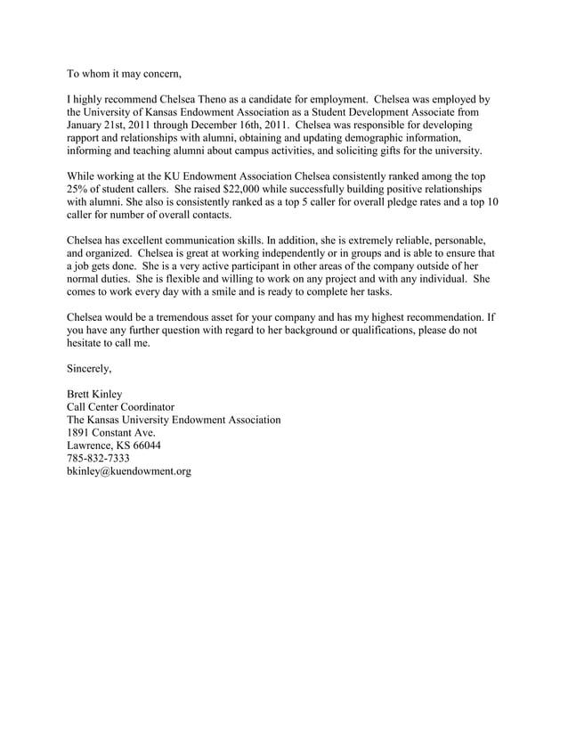 Brett kinley (ku endowment manager )recommendation letter | PDF