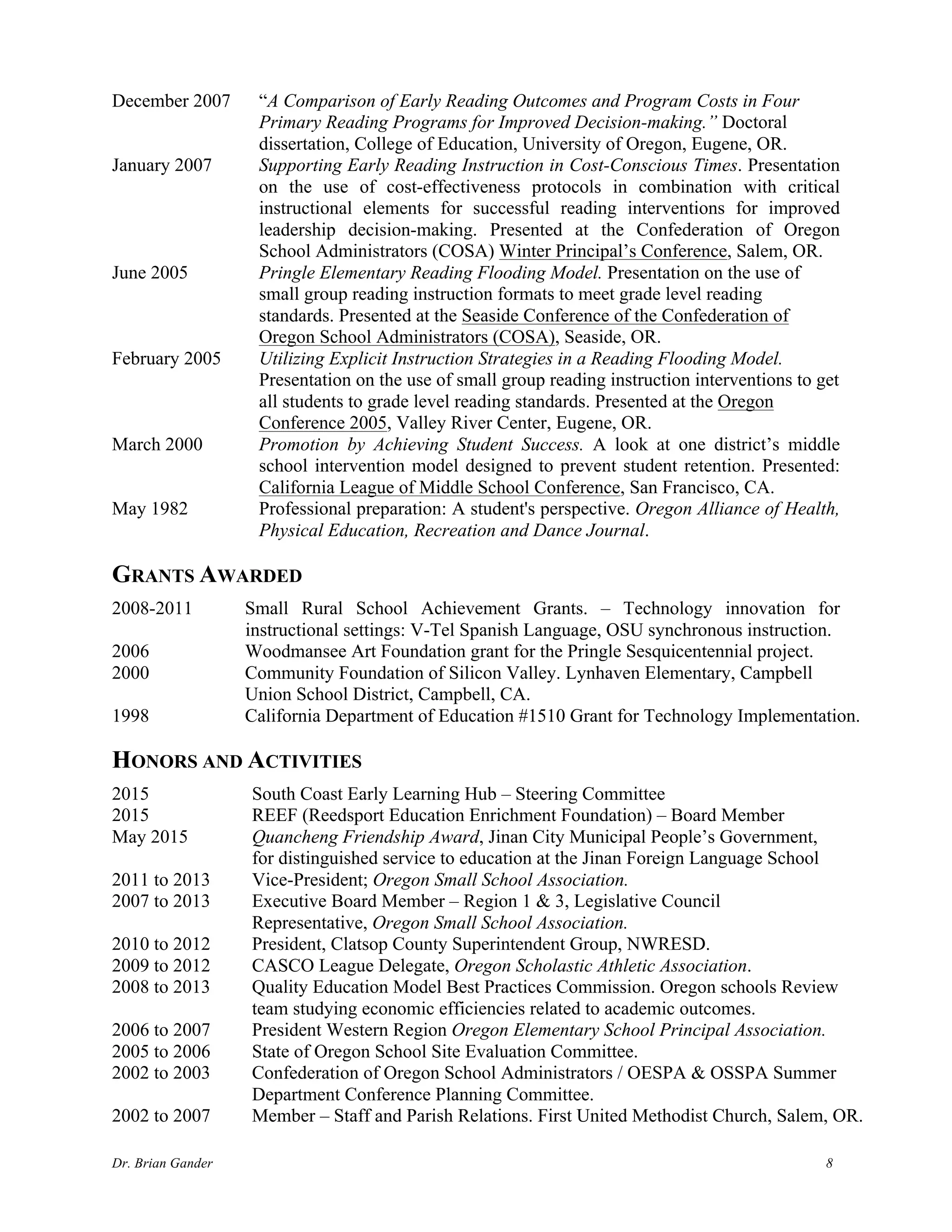 Dr. Brian Gander Curriculum Vitae | PDF