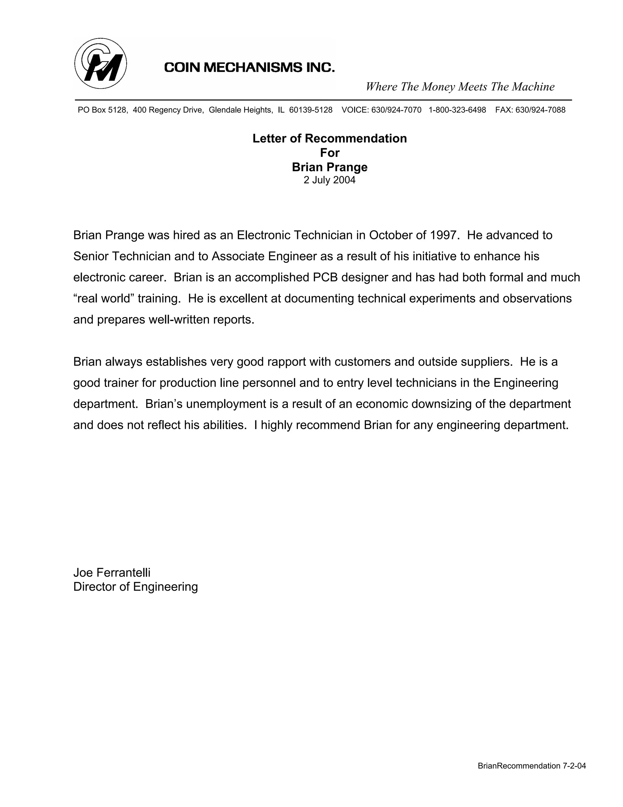 Brians Letter Of Recommendation | PDF | Business | Business and Finance