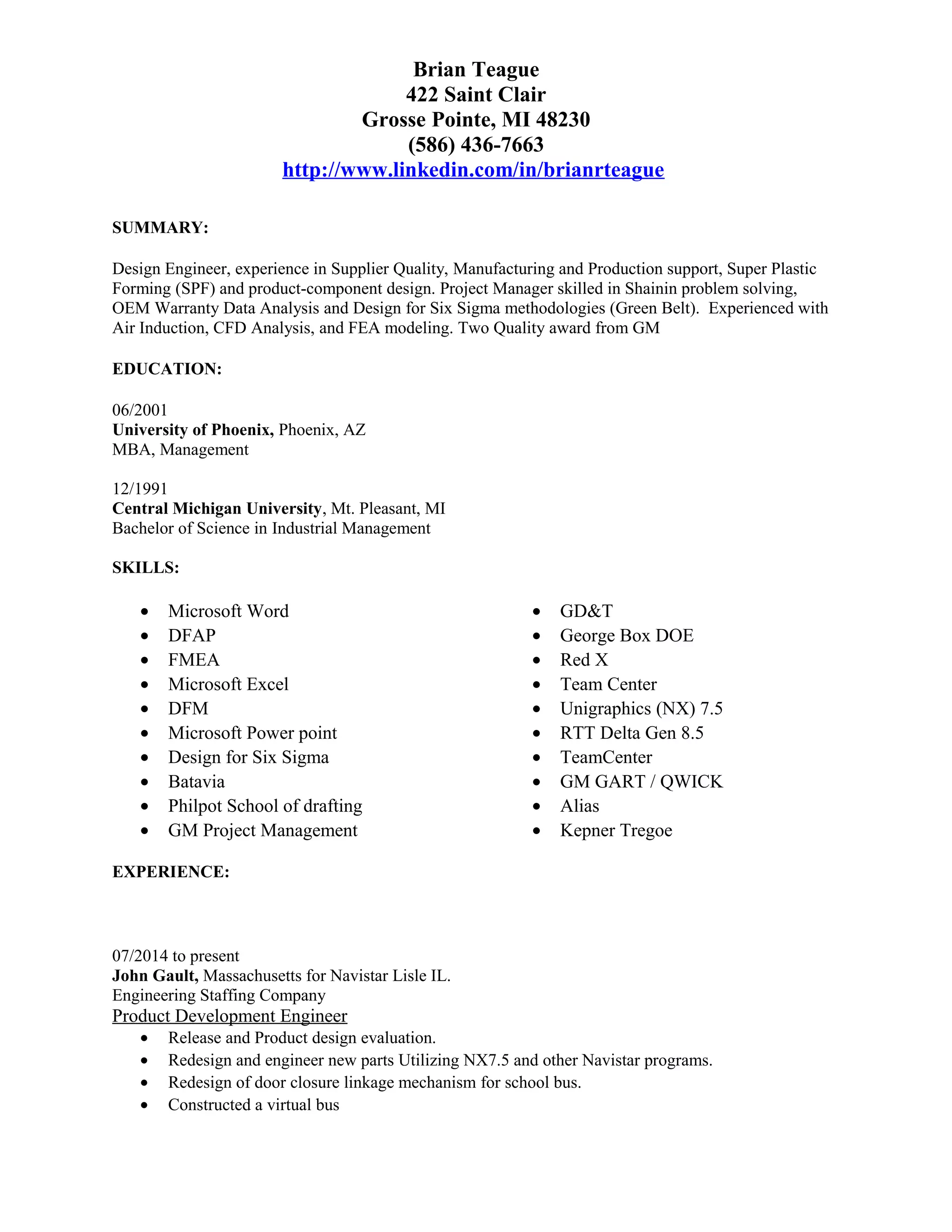 Brian teague resume10.29.14 | Automotive Industry | Industries
