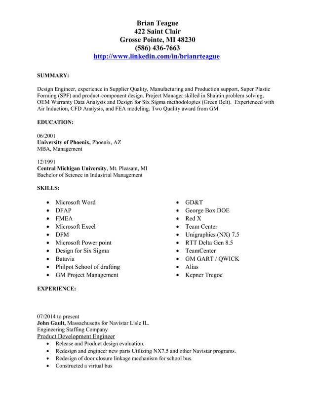 Brian teague resume10.29.14 | Automotive Industry | Industries