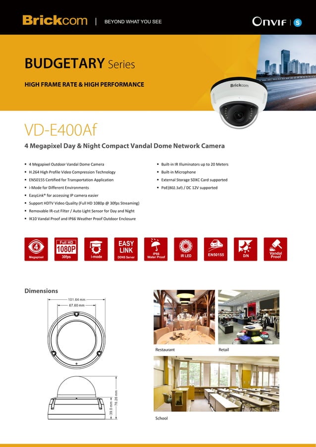 Brickcom VD-E400Af 4 Mpix Vandal Dome IK10 - IR night vision - Builtin MIC _ Info Tech Middle ...