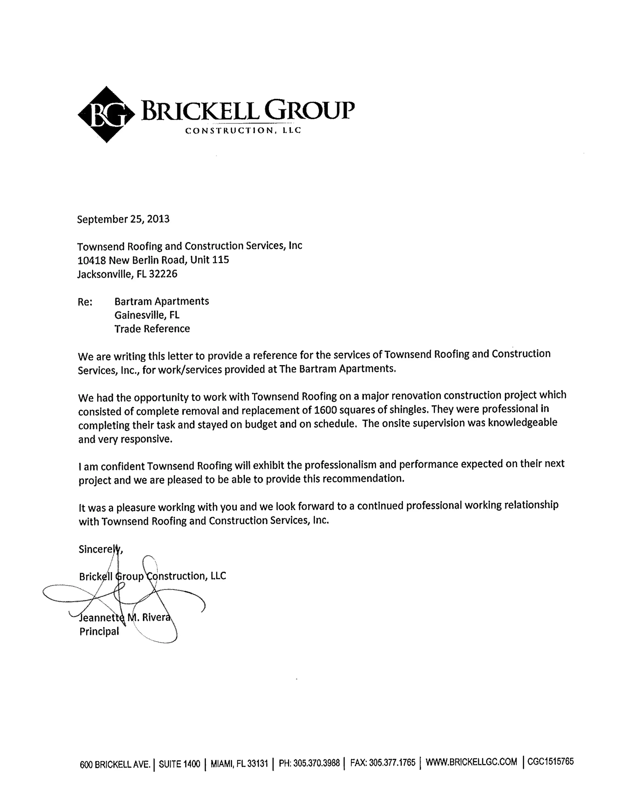 Brickell Group/Bartram Reference Letter | PDF