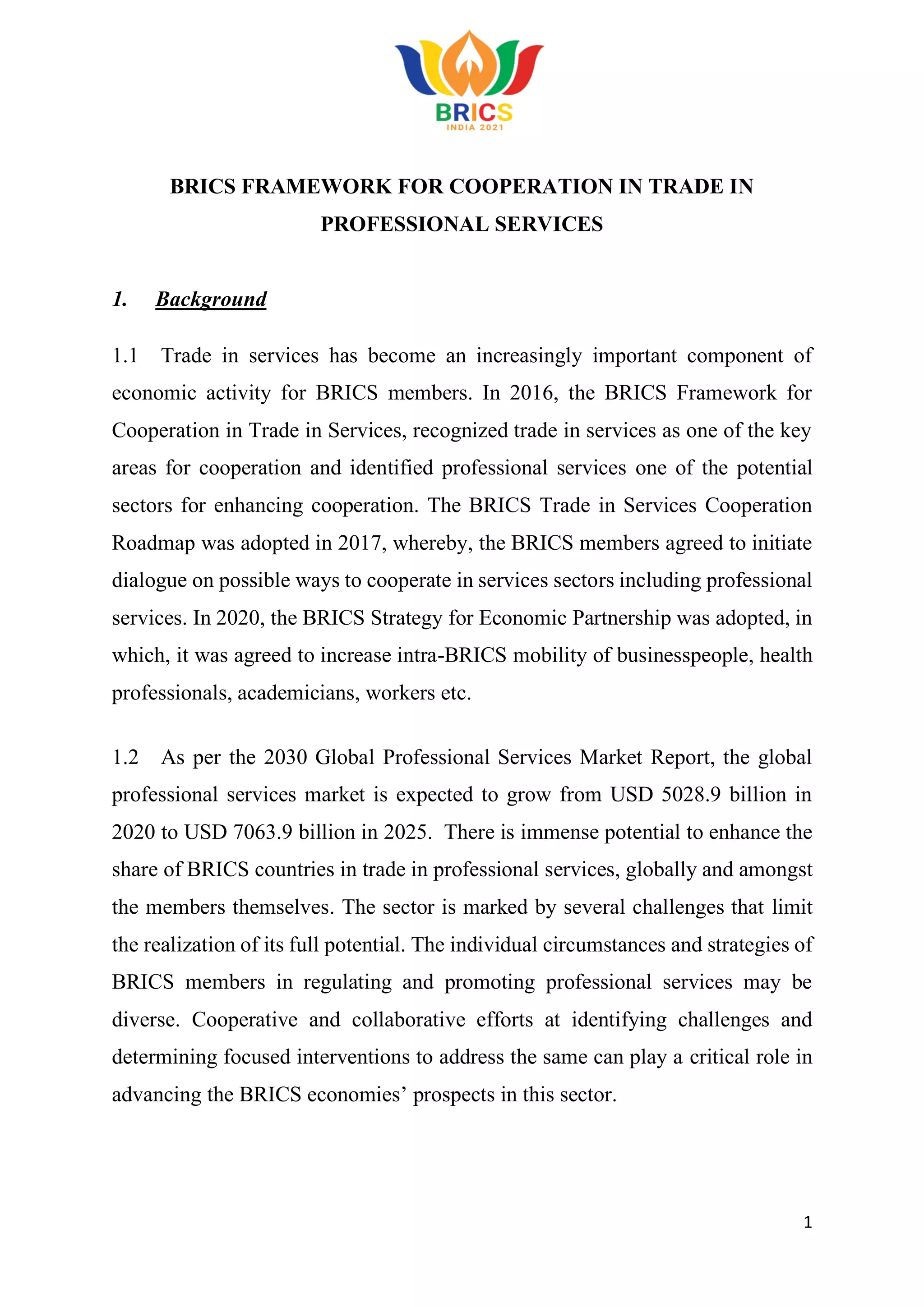 BRICS Framework for Cooperation in Trade in Professional Services 2021 ...